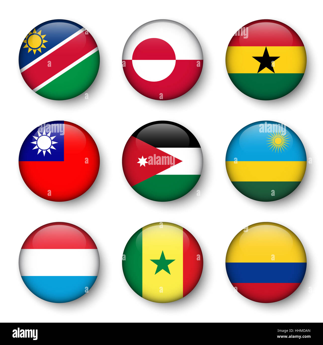 Set of world flags round badges ( Namibia . Greenland . Ghana . Taiwan ...