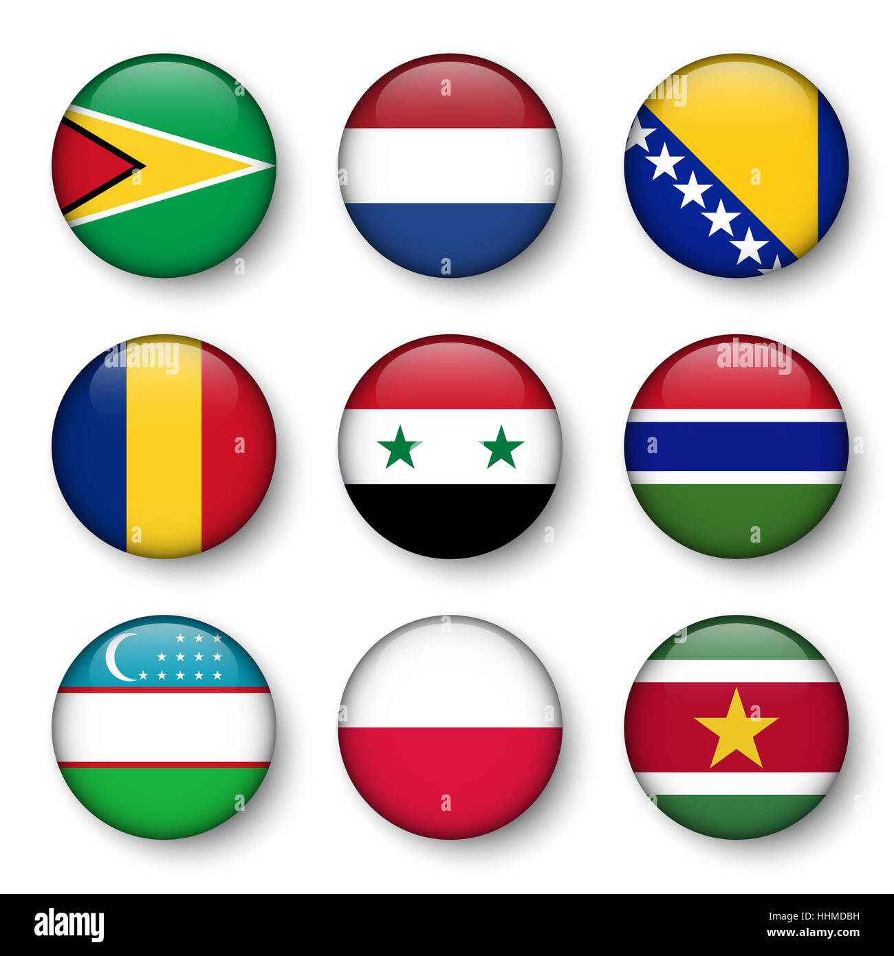 Set of world flags round badges ( Guyana . Netherlands . Bosnia and ...
