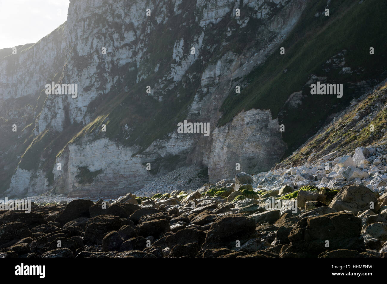 Chalk cliifs at the far end of Filey Bay, North Yorkshire, England ...