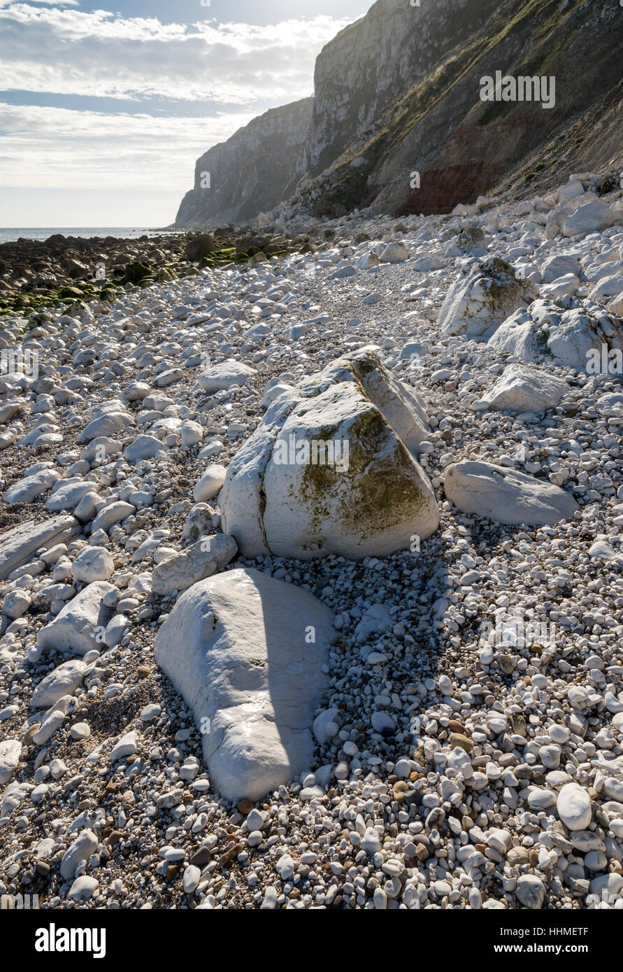 Chalk rocks below Buckton cliffs, Filey Bay, North Yorkshire, England ...