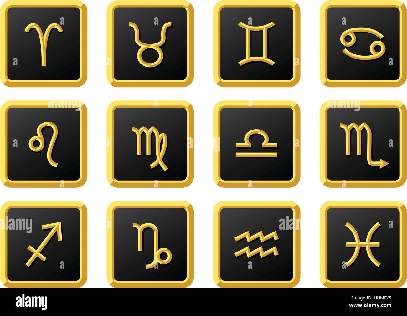 golden zodiac symbols on golden square frame , set of flat zodiac signs ...