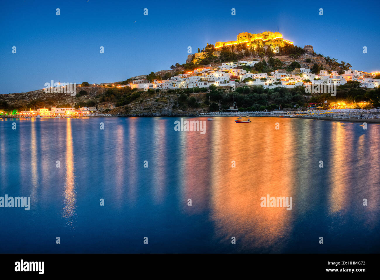 Lindos old fishing village of Rhodes Island sunset Stock Photo - Alamy