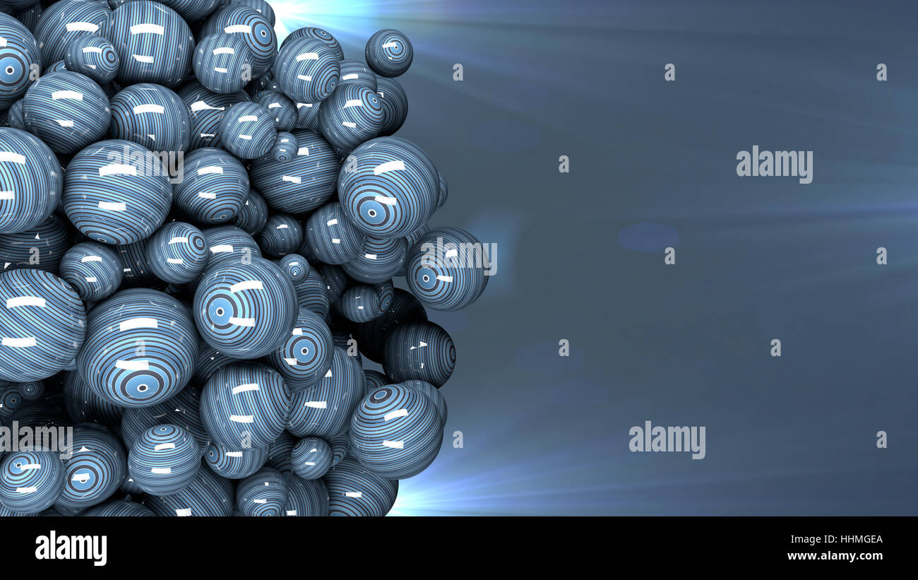 Shiny round balls on blue background with flares Stock Photo - Alamy