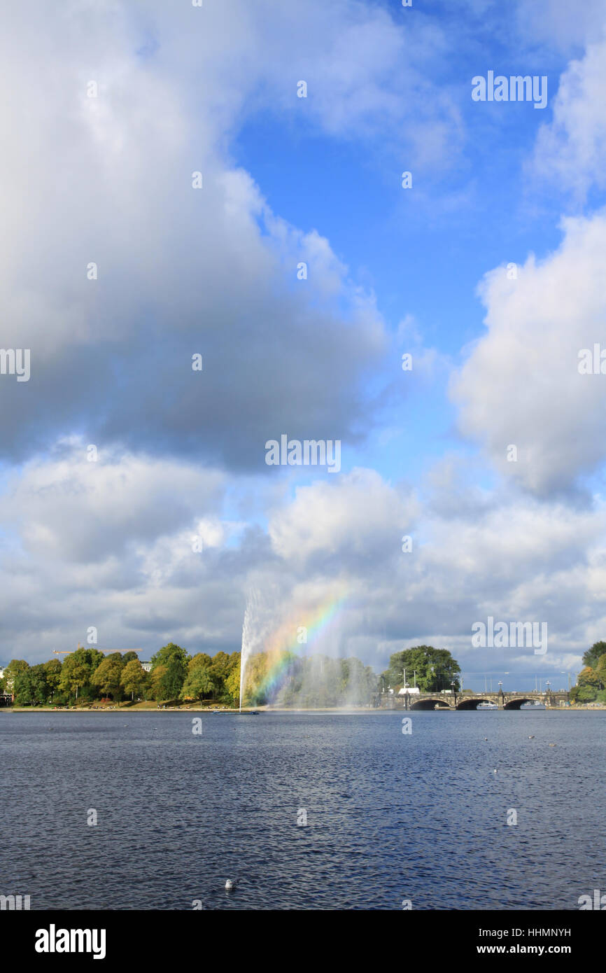 hamburg, Hanseatic city, rainbow, river, water, blue, tree, horizon ...