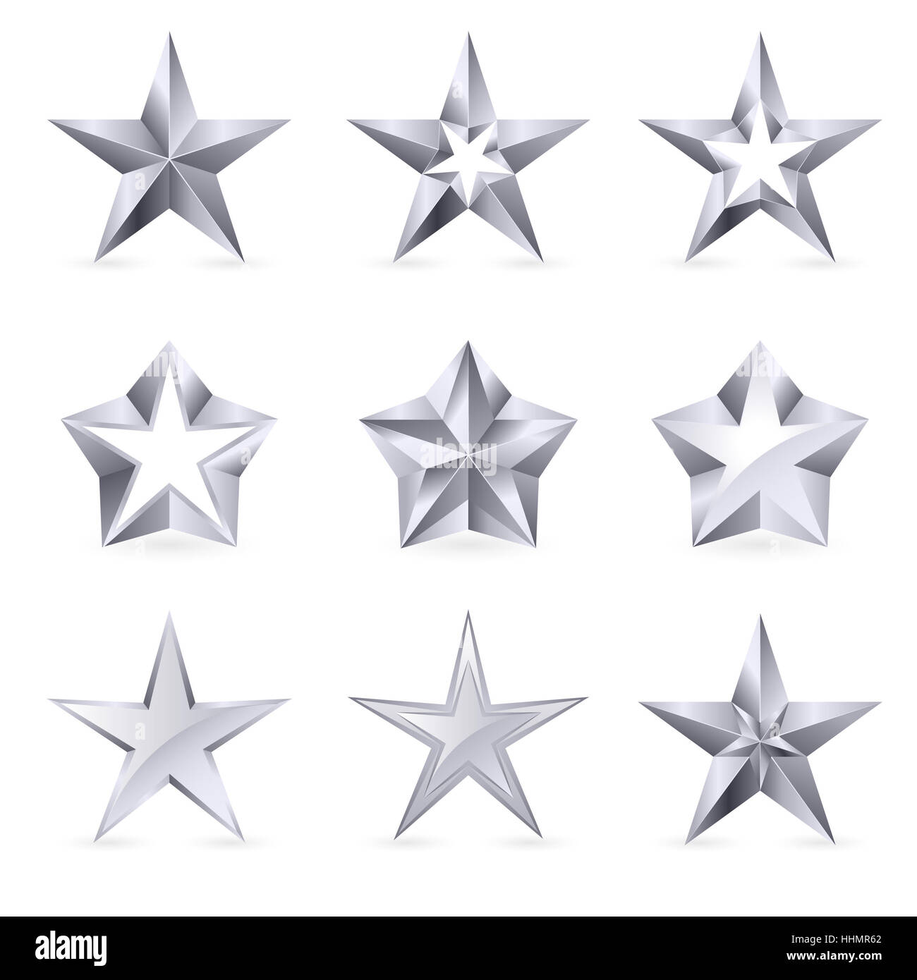 Different types and forms of silver stars. Illustration for design on ...