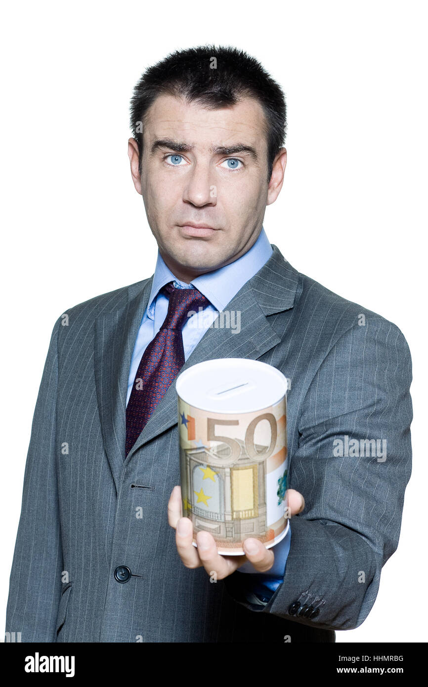 Portrait of businessman holding money box begging for money in studio ...