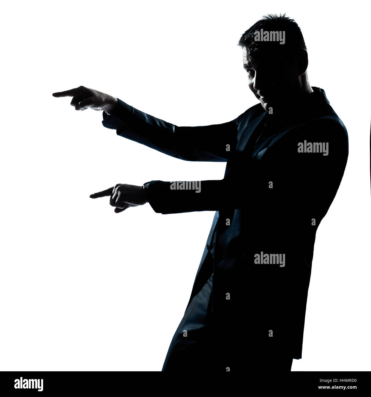 one caucasian man portrait showing pointing empty copy space silhouette ...