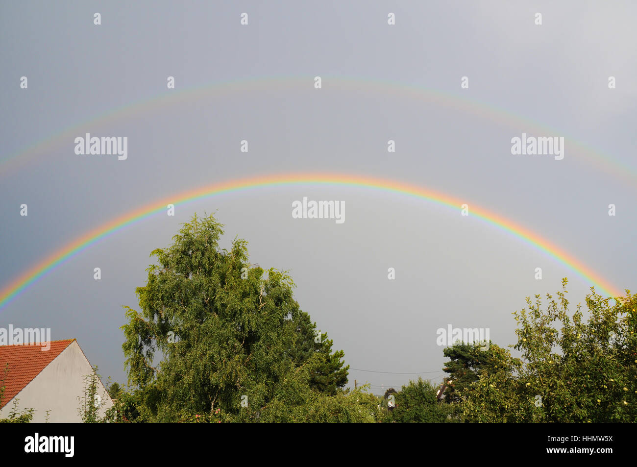 house, building, tree, rainbow, double, firmament, sky, worms eye, blue ...