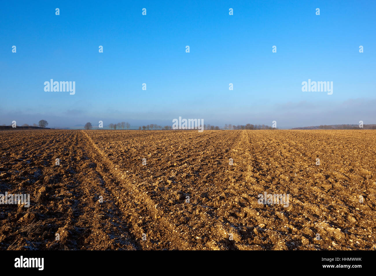 Patterns and texture of frosty plowed soil with distant trees in a ...