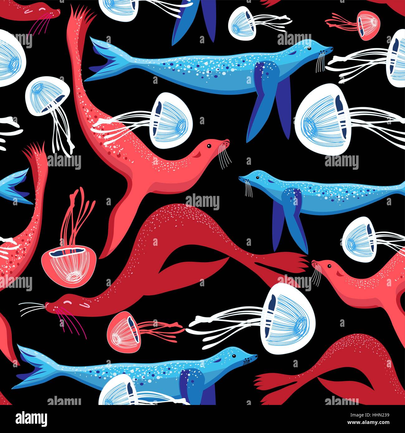Bright Marine seamless pattern of sea seals on a dark background Stock ...