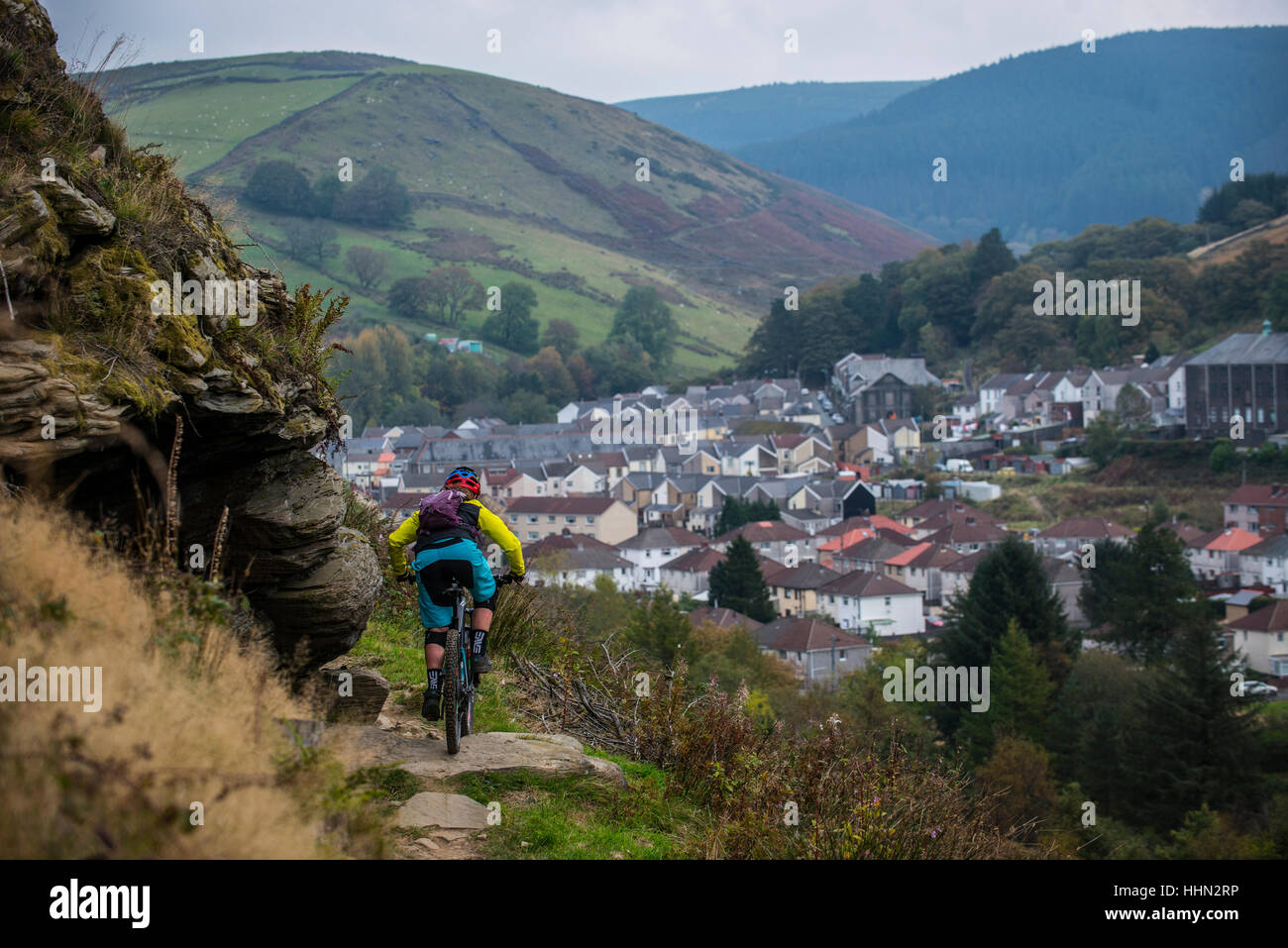 A female mountain biker rides a trail at Glyncorrwg in the Afan Valley ...