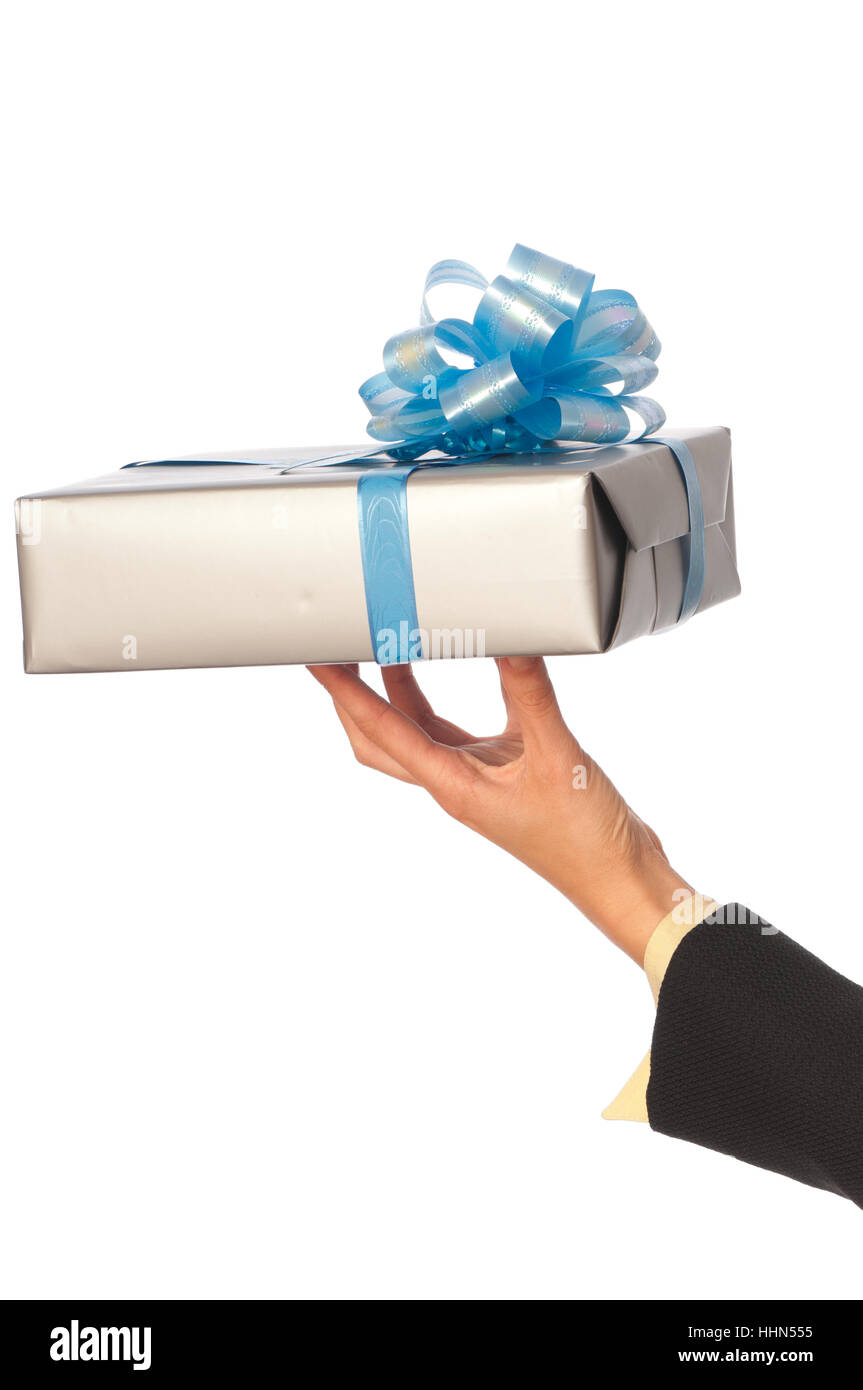 woman, blue, present, hand, greeting, object, single, female, human ...