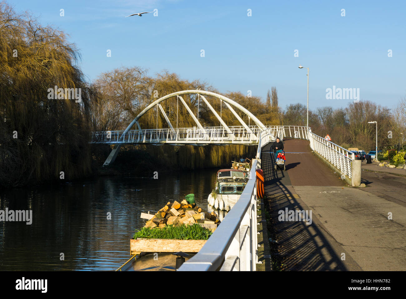 Foot and cycle bridge over river Cam Riverside Cambridge Cambridgeshire ...