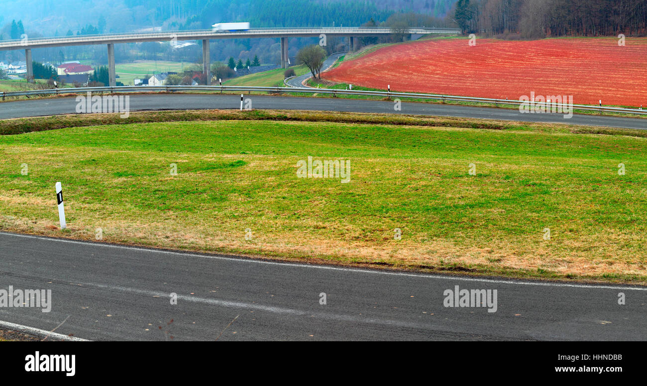 tree, bridge, agriculture, farming, field, evening, horizontal, asphalt ...
