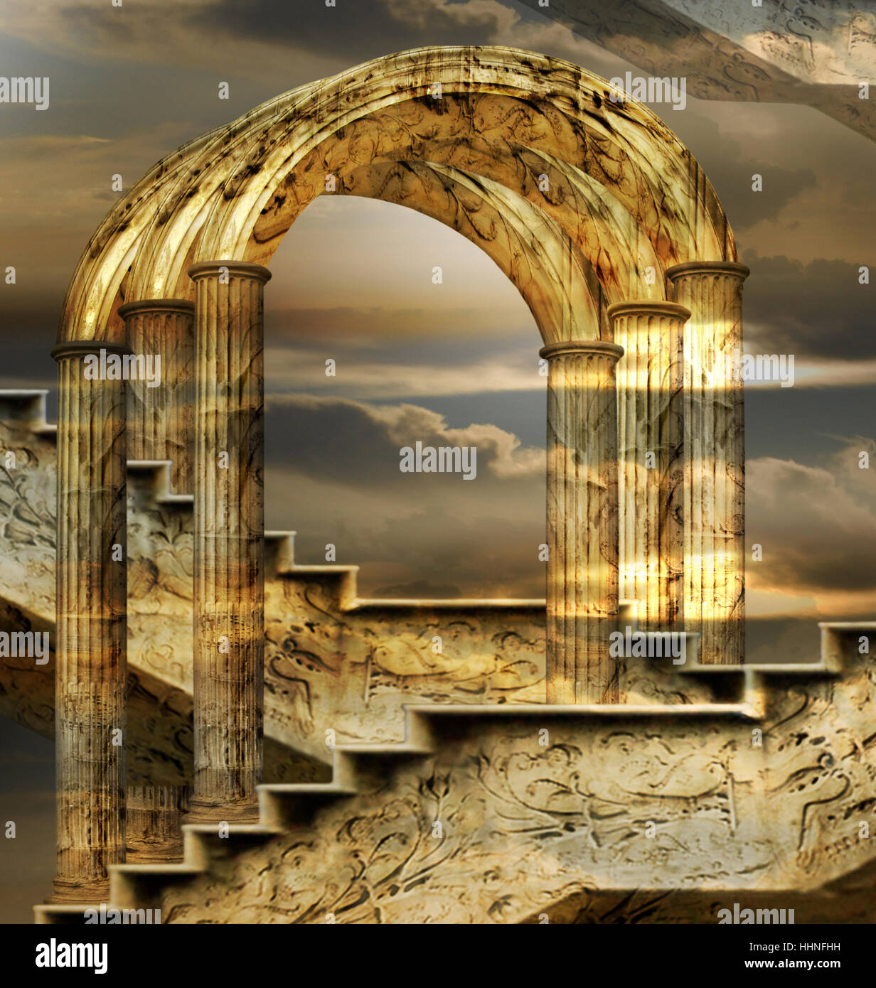 columns, arch, fantasy, staircase, abstract, illusion, surrealism ...