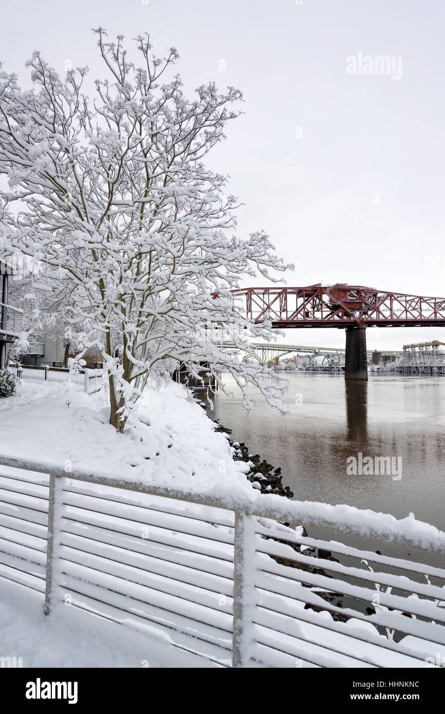 Deep snow in Portland, Oregon with Broadway Bridge in the background ...