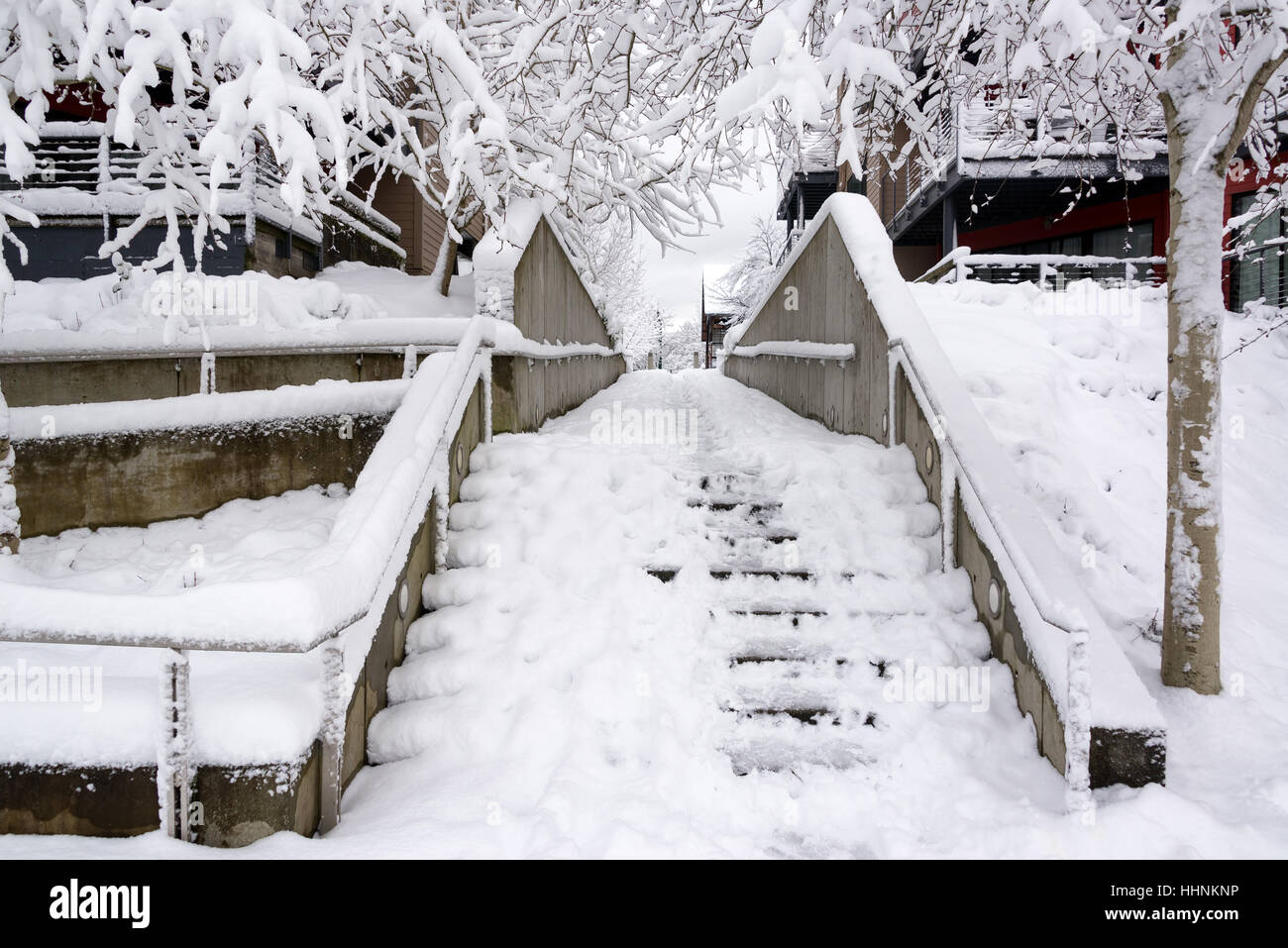 Stairs covered in deep snow after a snowstorm in Portland, Oregon Stock ...