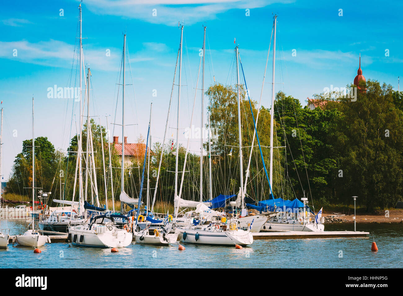Helsinki, Finland. Harbour And Quay Yacht Stand At Pier, Jetty In ...