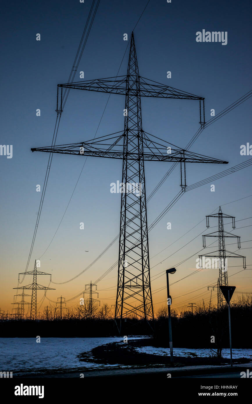 Winter electric wire power lines steel tower landscape Snow white ...