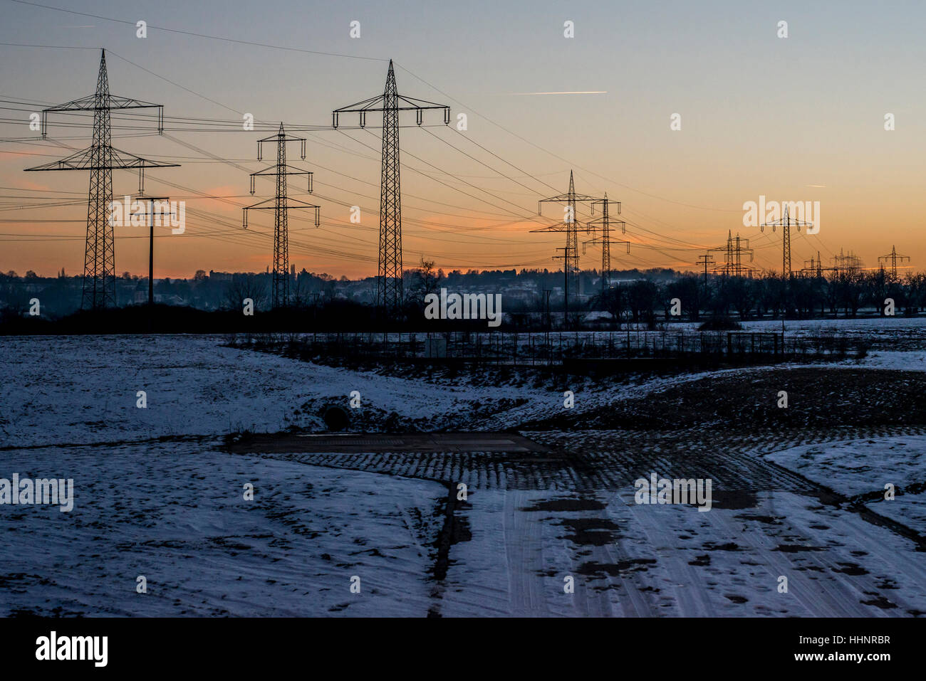 Winter electric wire power lines steel tower landscape Snow white ...