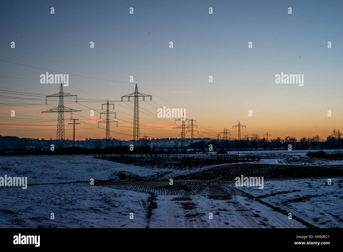Winter electric wire power lines steel tower landscape Snow white ...