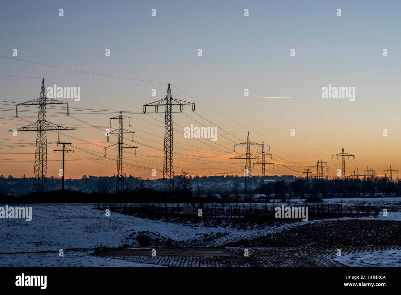 Winter electric wire power lines steel tower landscape Snow white ...