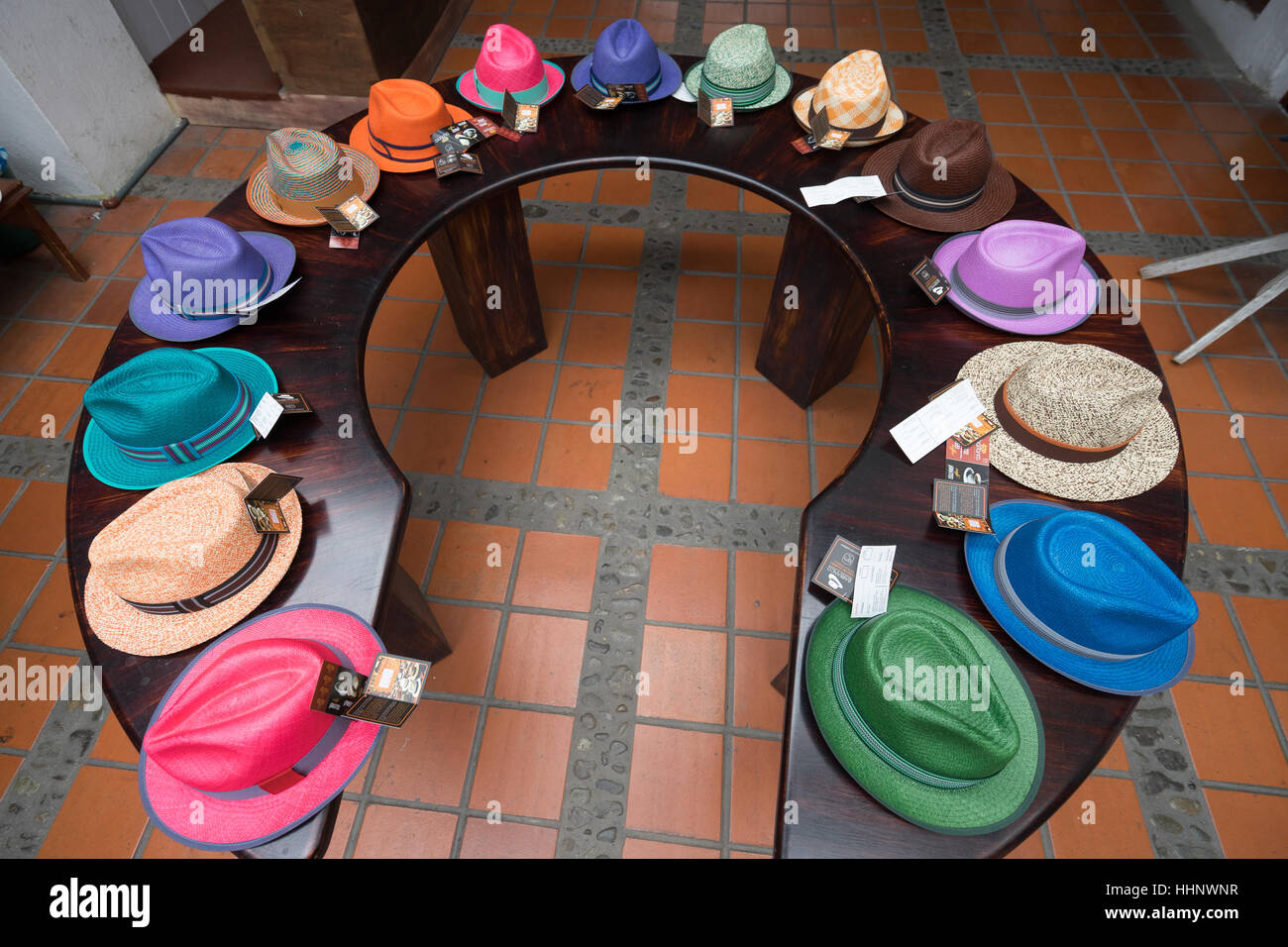 July 21, 2016 Cuenca, Ecuador: colorful Panama hats on display on a ...