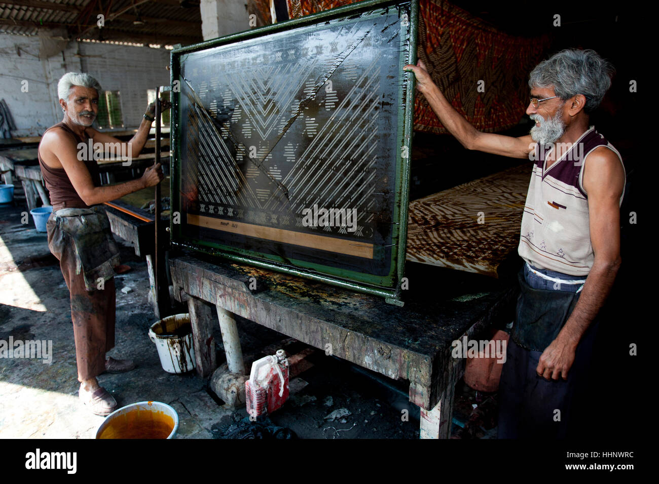 Screen printing colored cotton sari cloth Jetpur Gujarat India Stock ...
