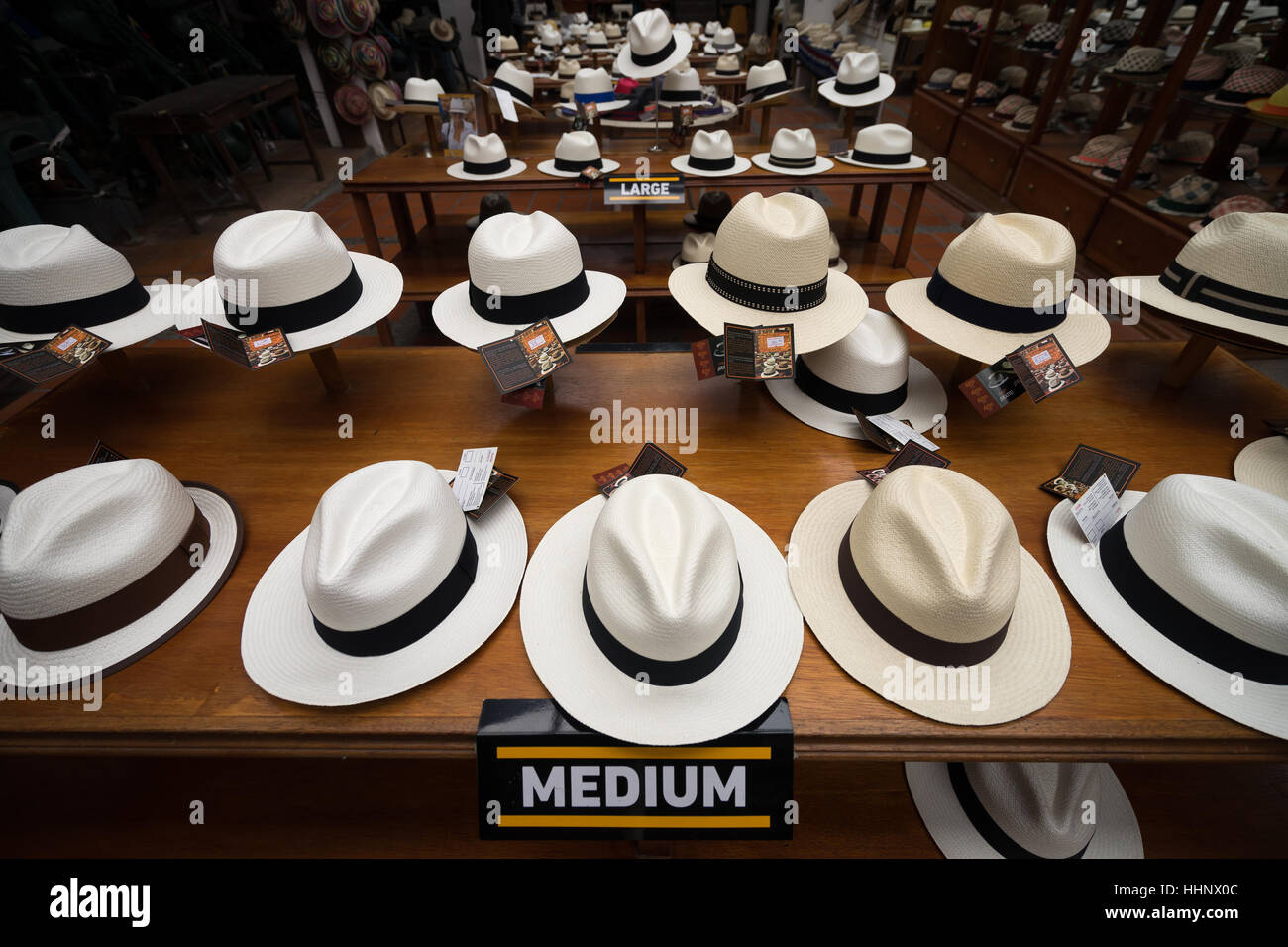 July 21, 2016 Cuenca, Ecuador: classic Panama hats on display in the ...
