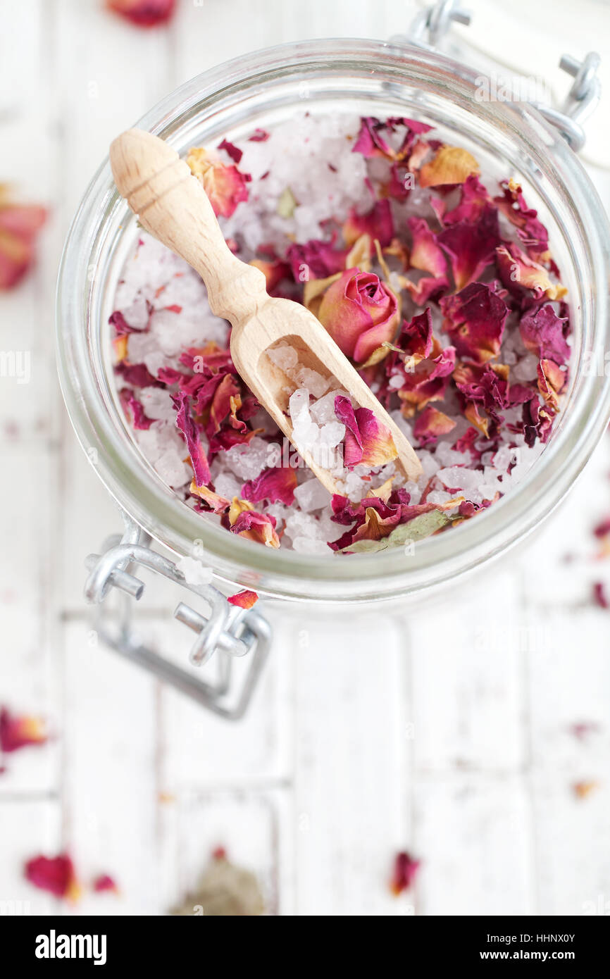 Homemade bath salt with pink roses Stock Photo - Alamy