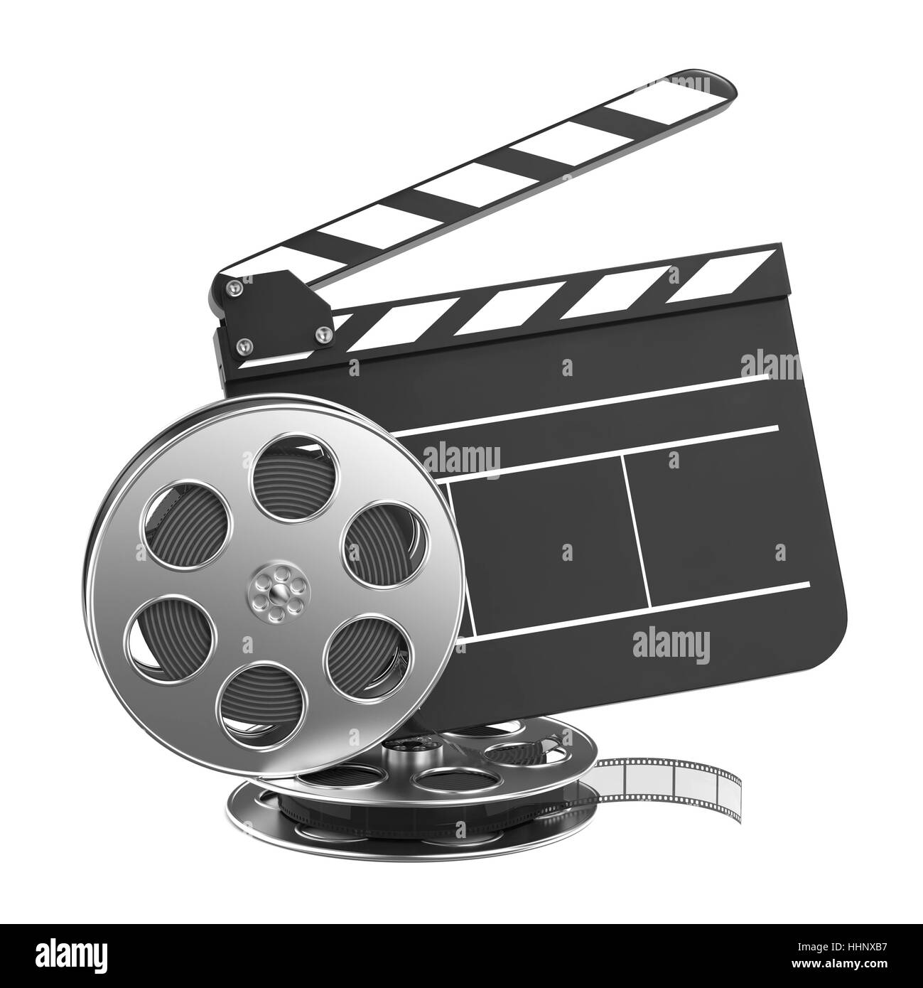 Clapboard and Film Reel, Setting Next to Each Other. On white ...
