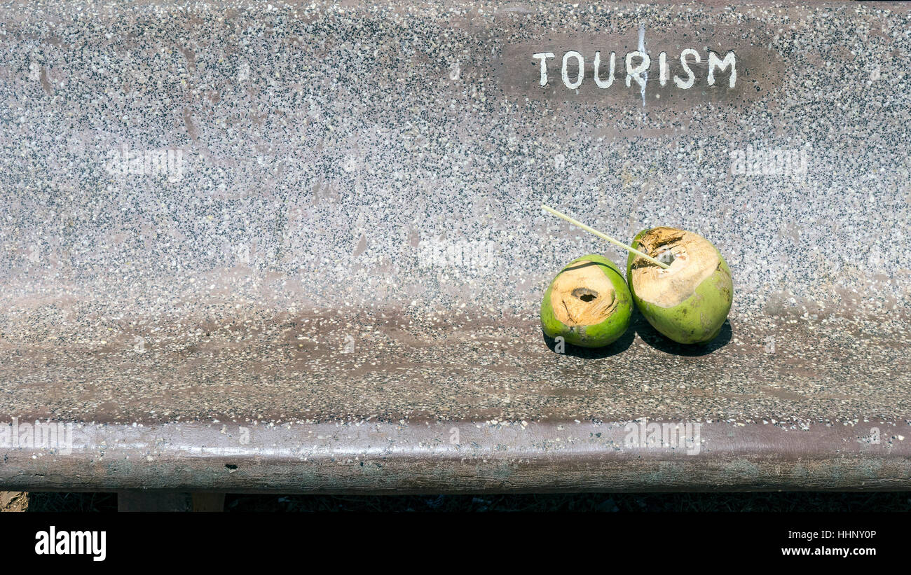 Green drinking coconuts on tourist bench Goa India Stock Photo - Alamy
