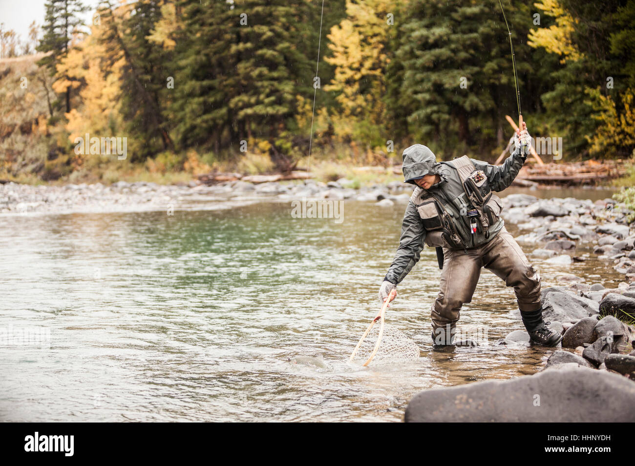 Caucasian man fishing in river holding net Stock Photo - Alamy