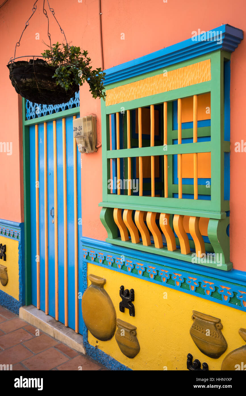 colourful colonial style building facade details in Guatape Colombia ...