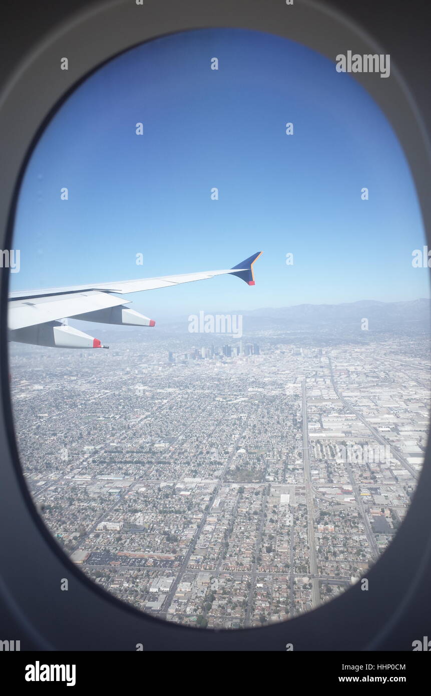 Great Los Angeles and Downtown as view from passenger plane window ...