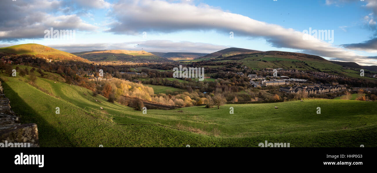 Panoramic landscape with green grass, fields, trees and a countryside ...