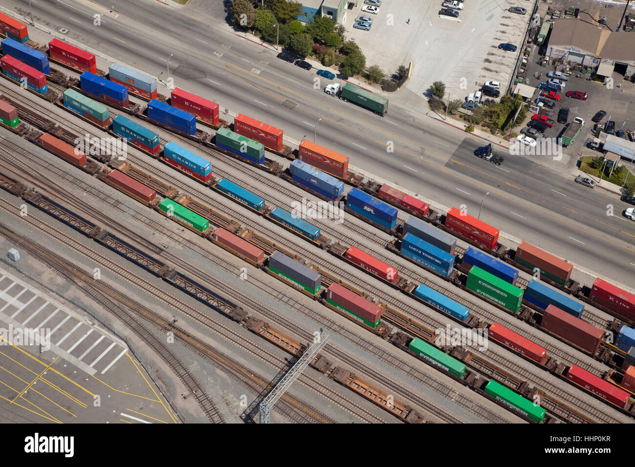 Aerial view of cargo containers on railroad tracks Stock Photo - Alamy
