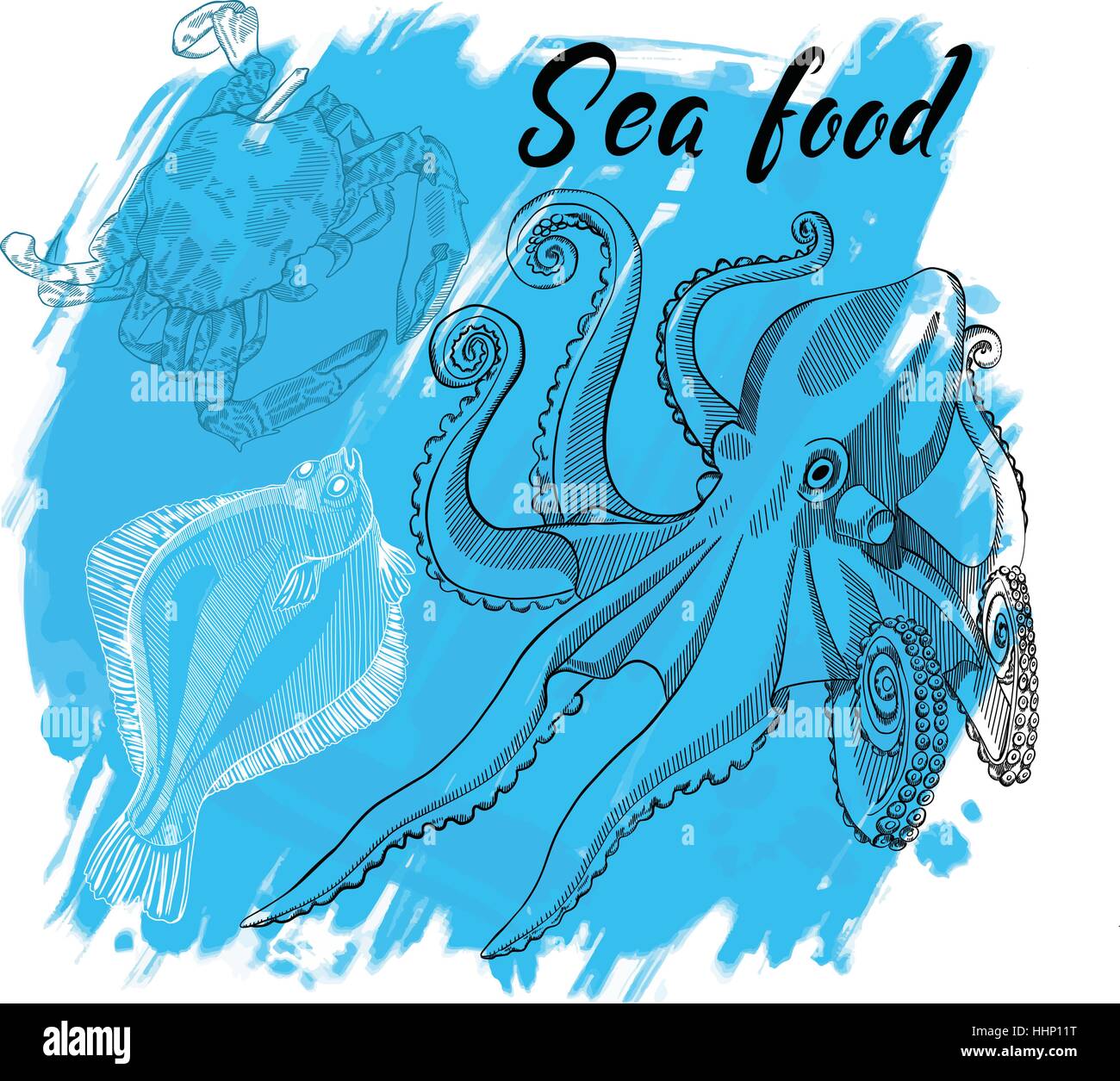 Hand drawn vector illustration, design for a seafood restaurant menu ...