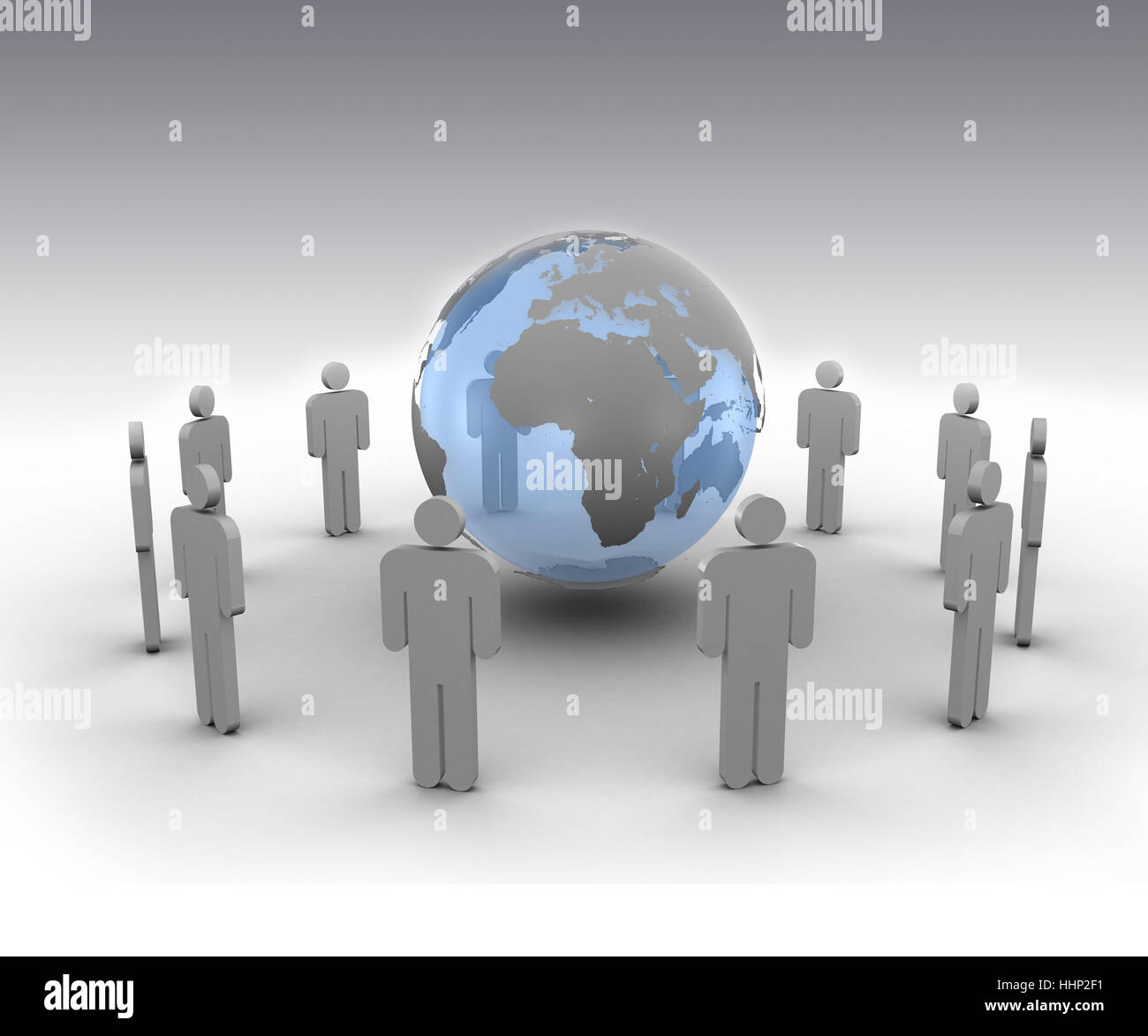 Stick figures standing around the blue globe Stock Photo - Alamy