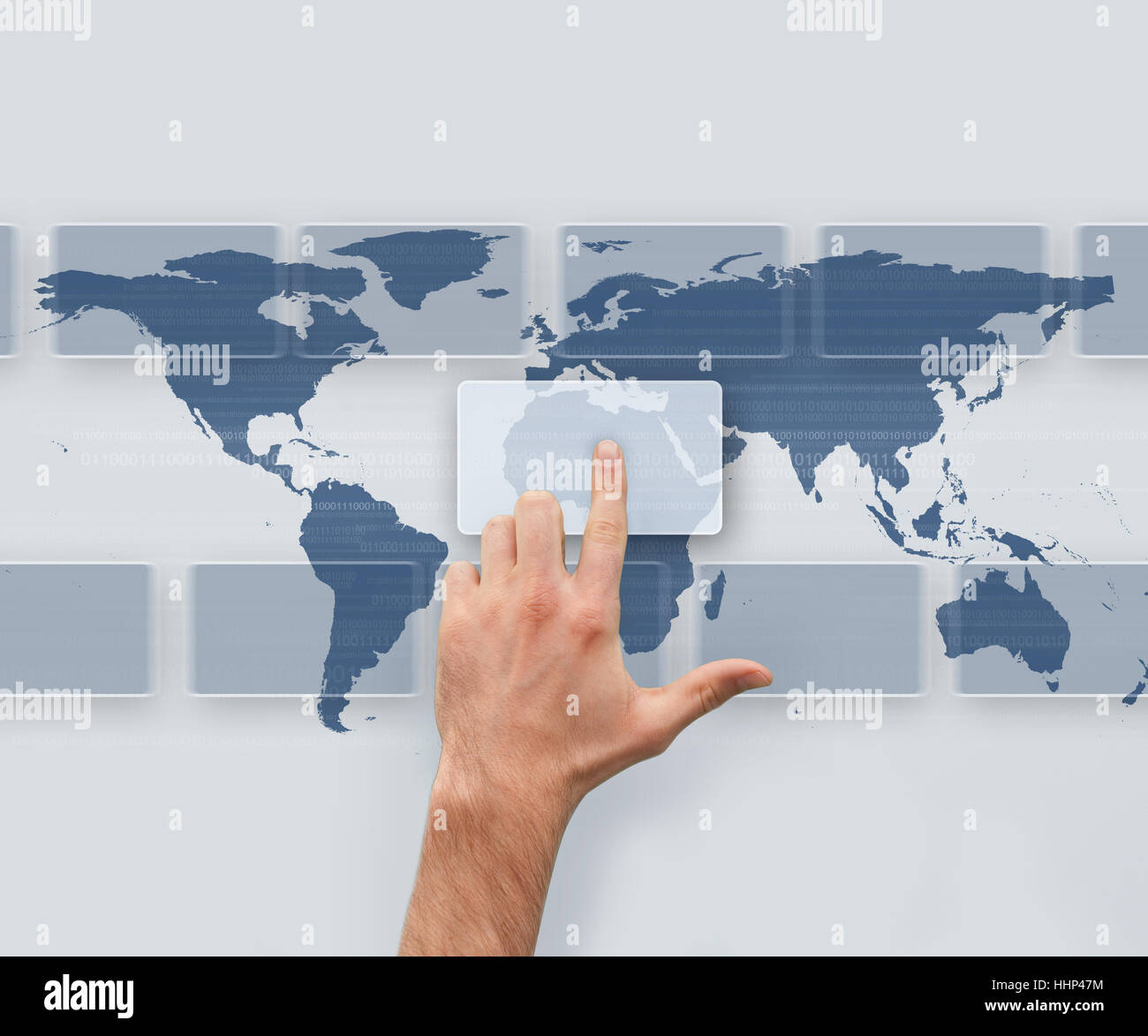 Hand selecting digital box from many on world map background Stock ...