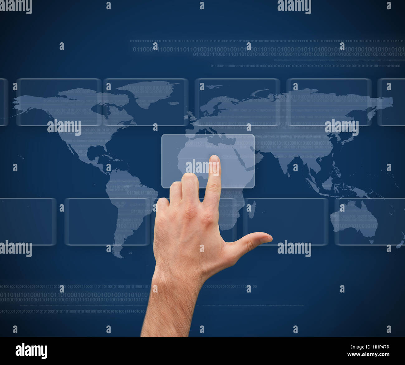 Finger selecting box from digital menu on blue world map background ...