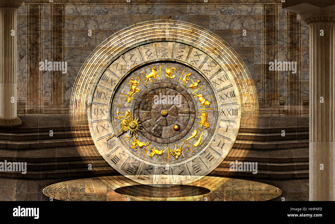 venice, clock, date, time, time indication, sagittarius, marble, golden ...