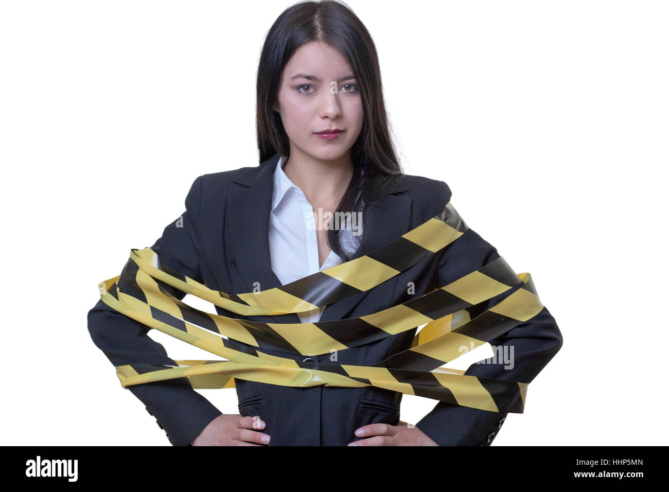 business woman wrapped up in safety Stock Photo - Alamy