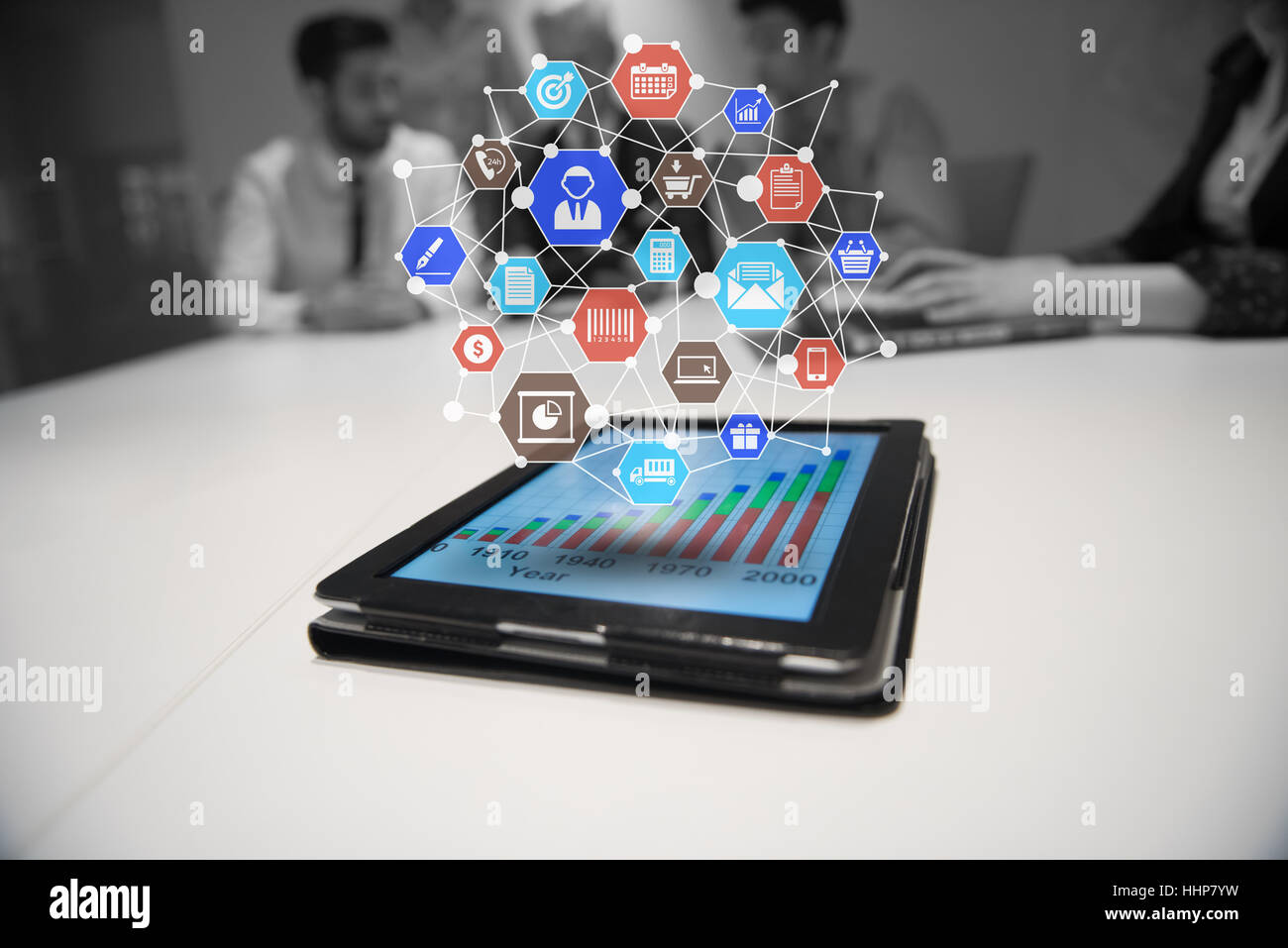 Connected digital applications with icons flying over tablet Stock ...