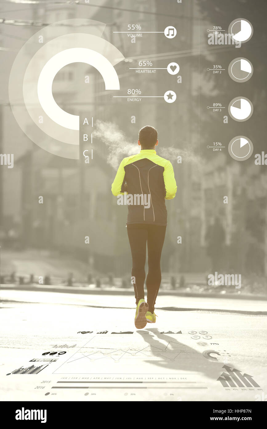 Man running down the street with statistics in background Stock Photo ...