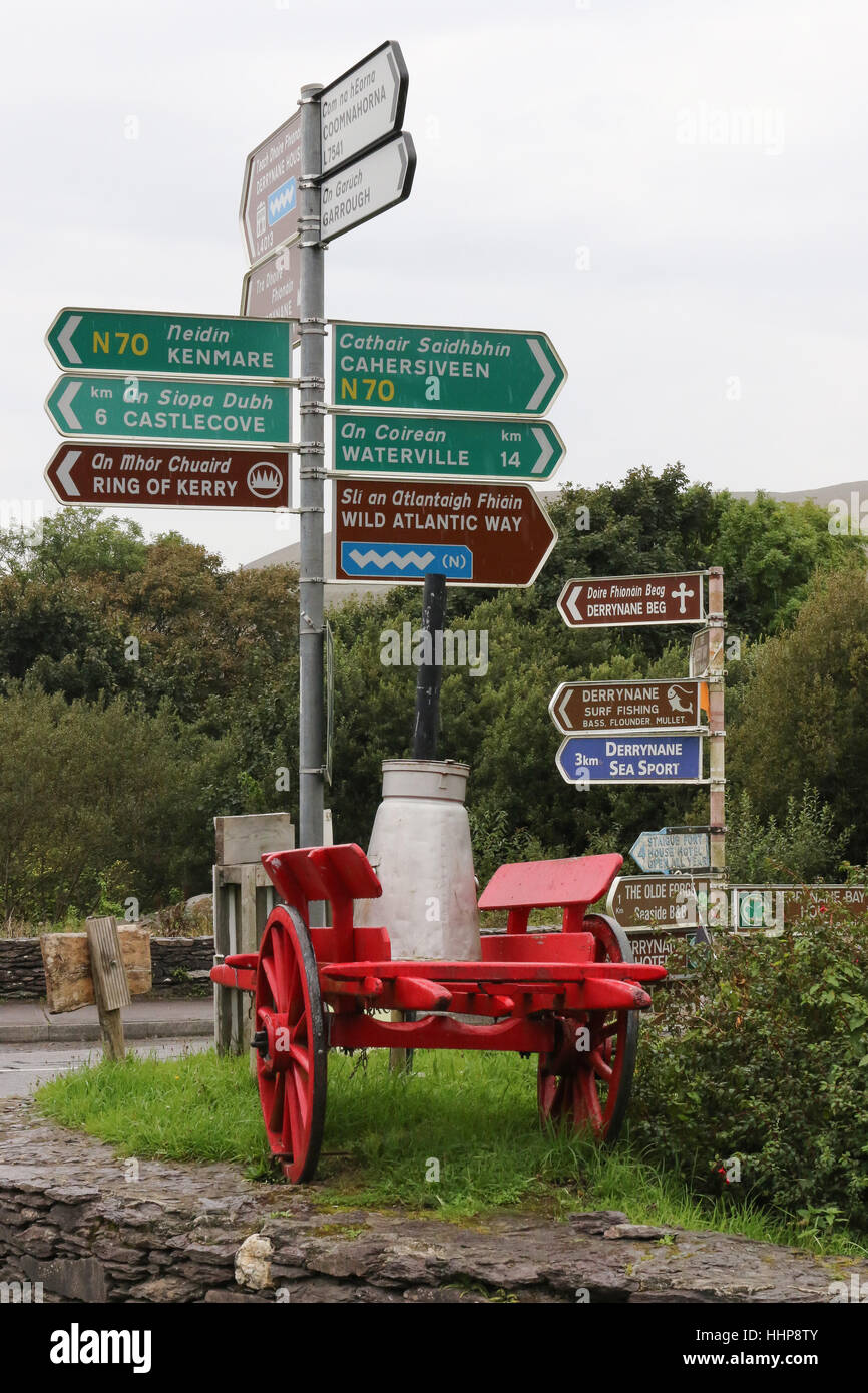 Signposts in the village of Cahirdaniel, County Kerry, Ireland Stock ...
