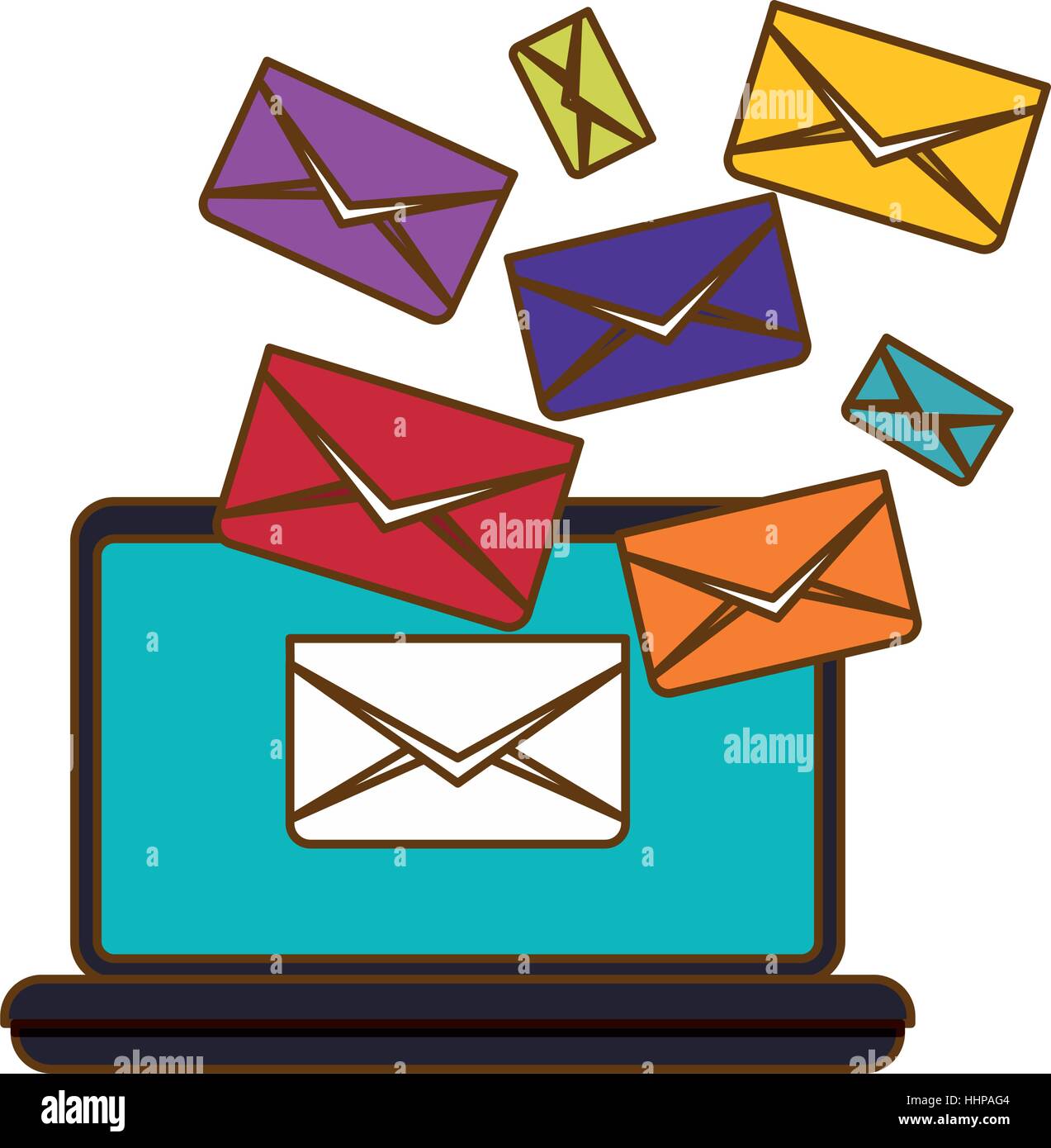 computer and envelopes over white background. colorful design. vector ...