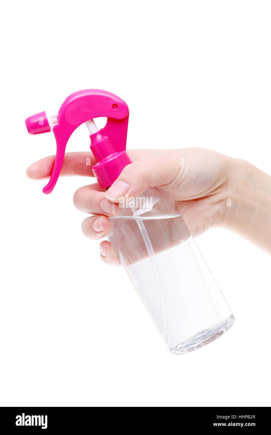 Hand holding spray perfume plastic bottle on white background Stock ...