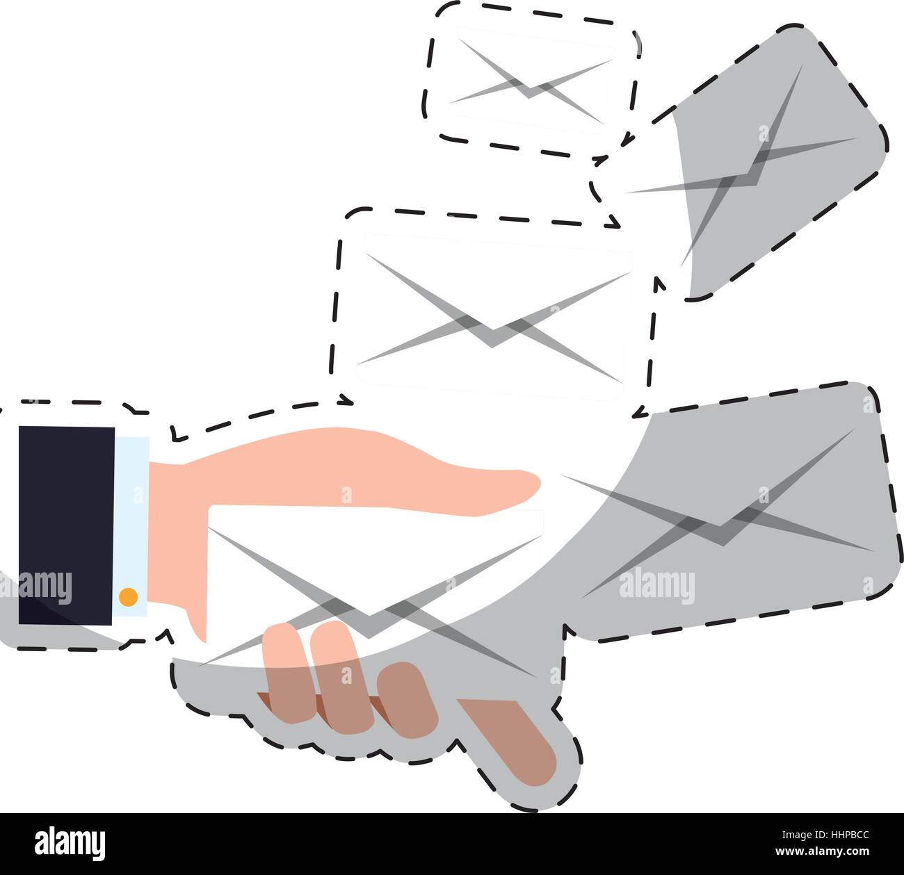 hand and envelopes over white background. colorful design. vector ...