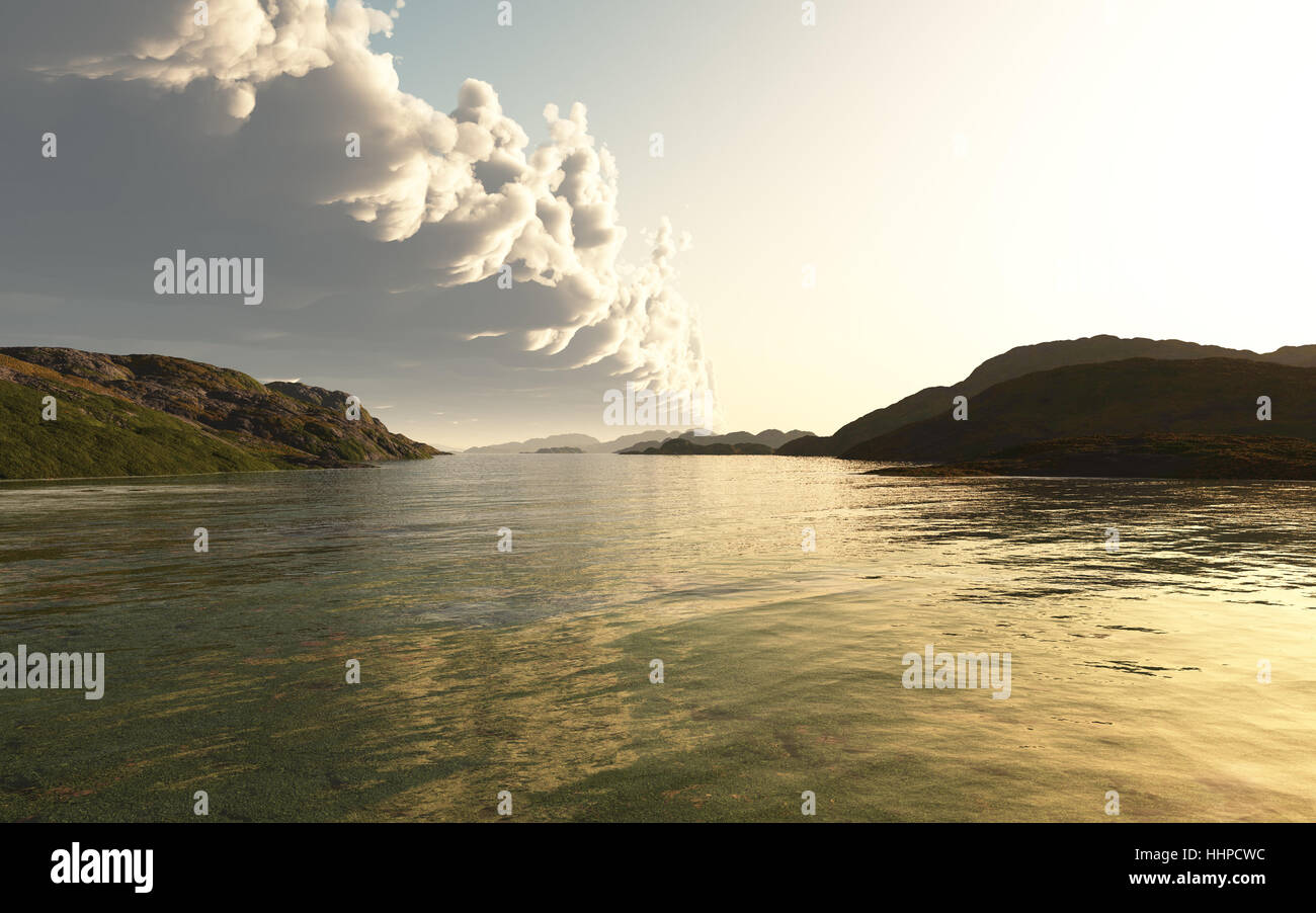 hill, evening, firmament, sky, salt water, sea, ocean, water, scenery ...